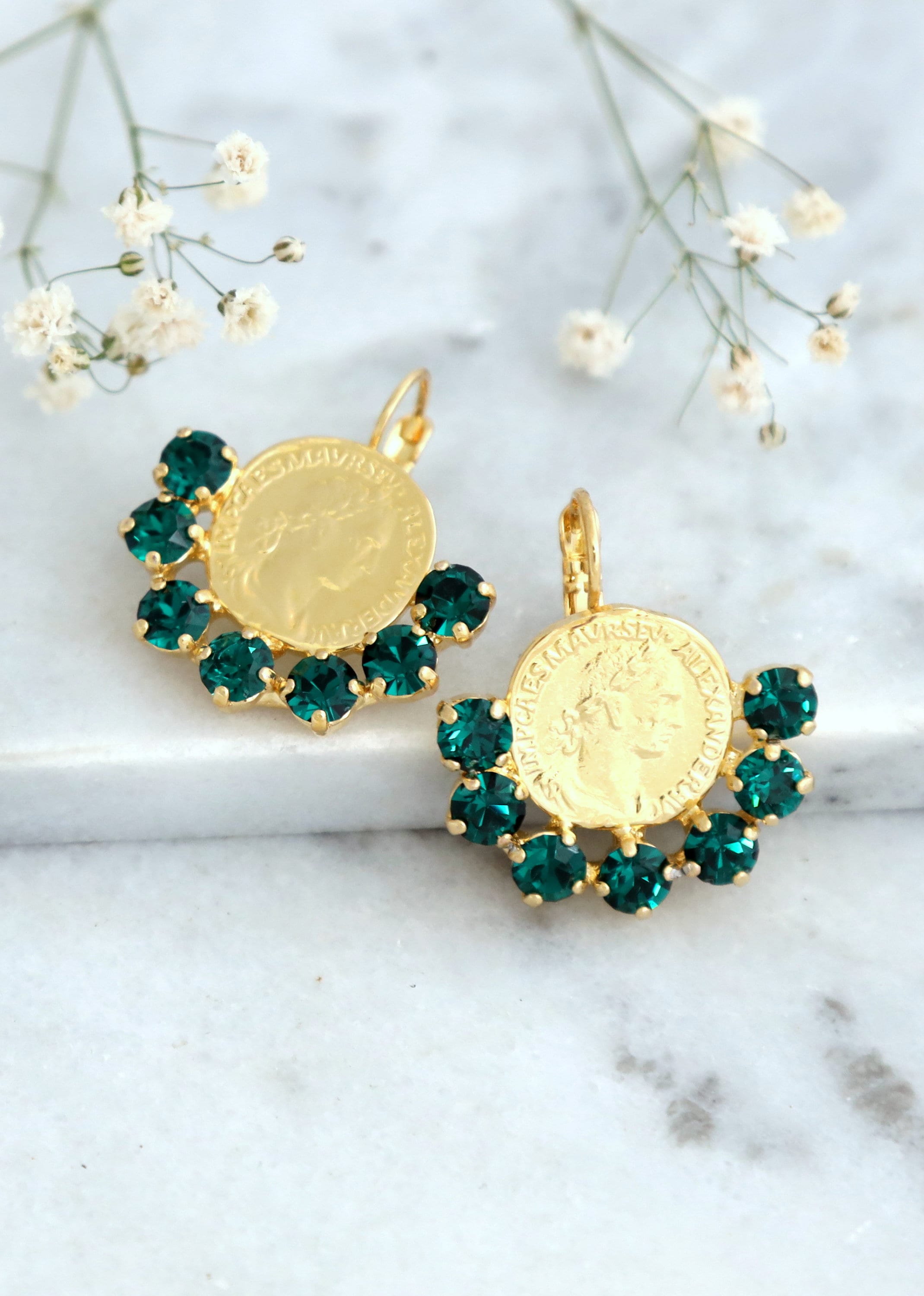 Emerald Drop Earrings Gold Coin Drop Earrings Greek Coin | Etsy