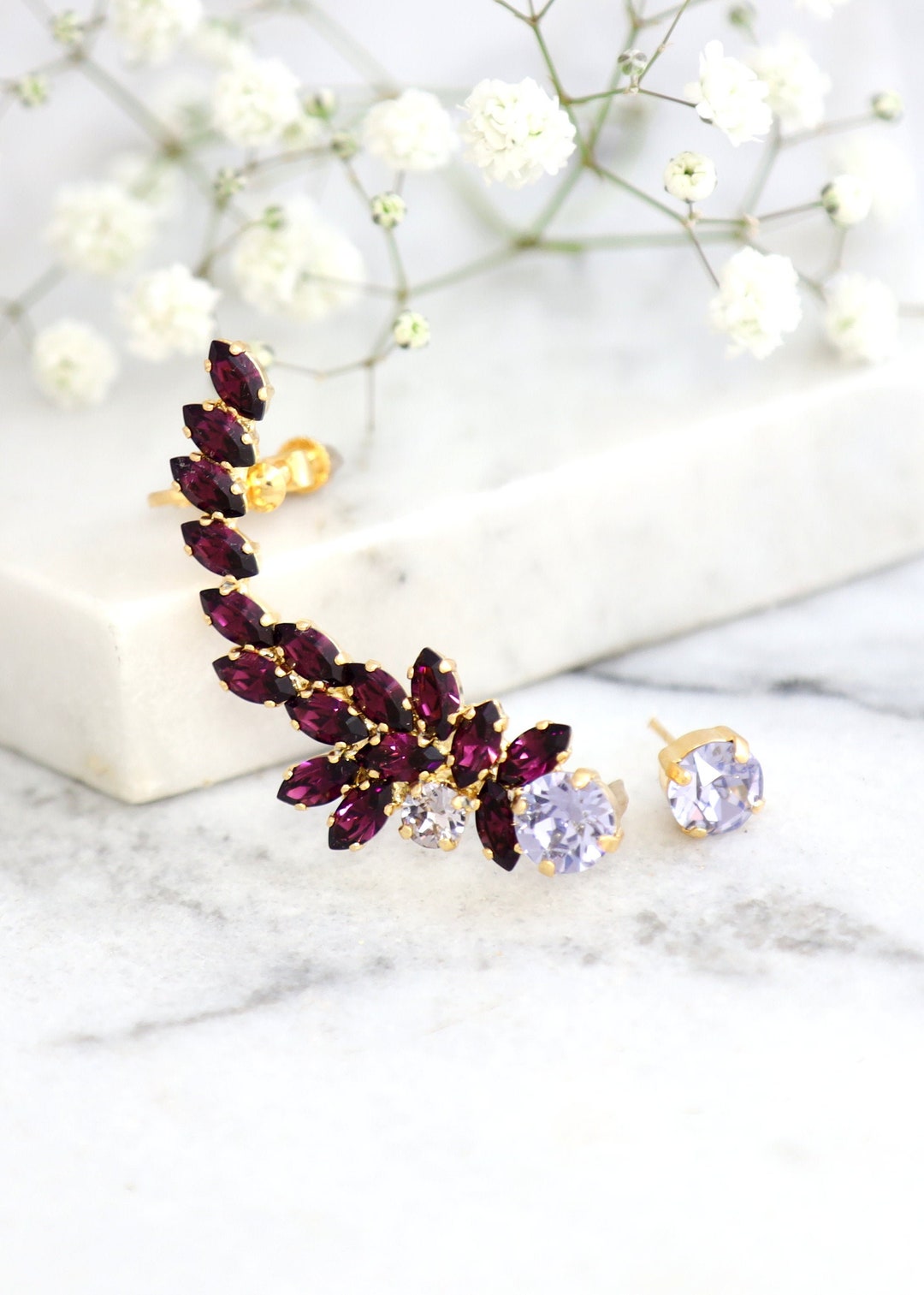 Ear Cuff Earrings, Bridal Purple Climber Crystal Earrings, Purple Ear ...