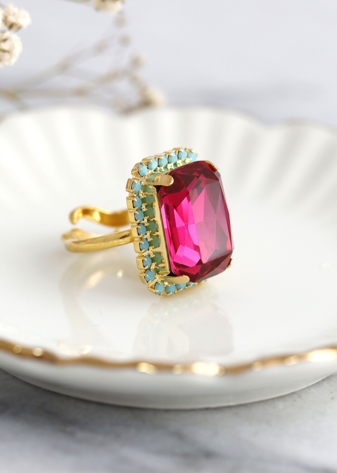 Fuchsia Pink Cocktail Ring, Hot Pink Crystal Ring, Statement Gold ...