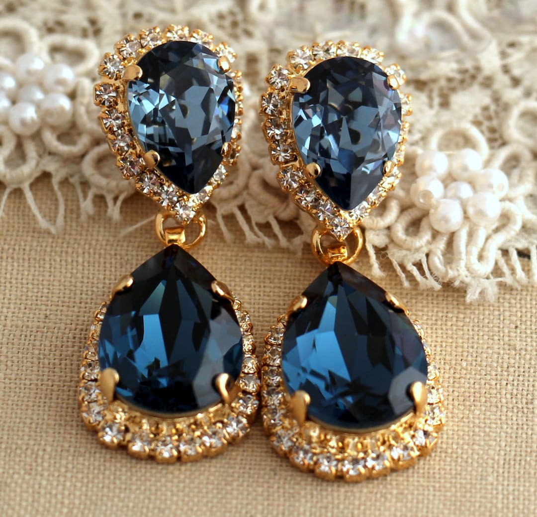 Blue Navy Chandelier Earrings, Blue Navy Crystal Earrings, Dark Blue ...