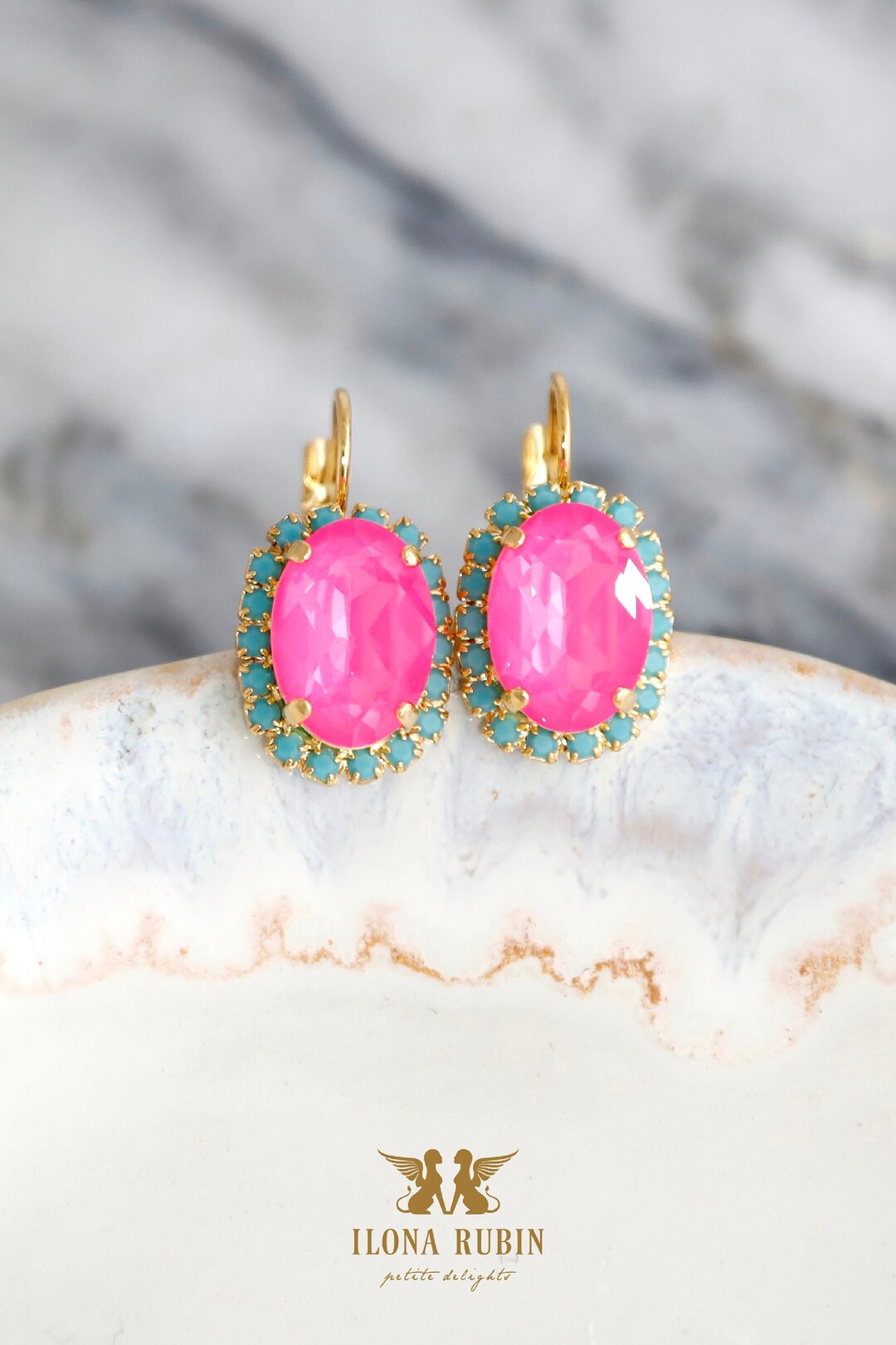 Electric Pink Earrings, Neon Pink Crystal Drop Earrings, Hot Pink Blue ...
