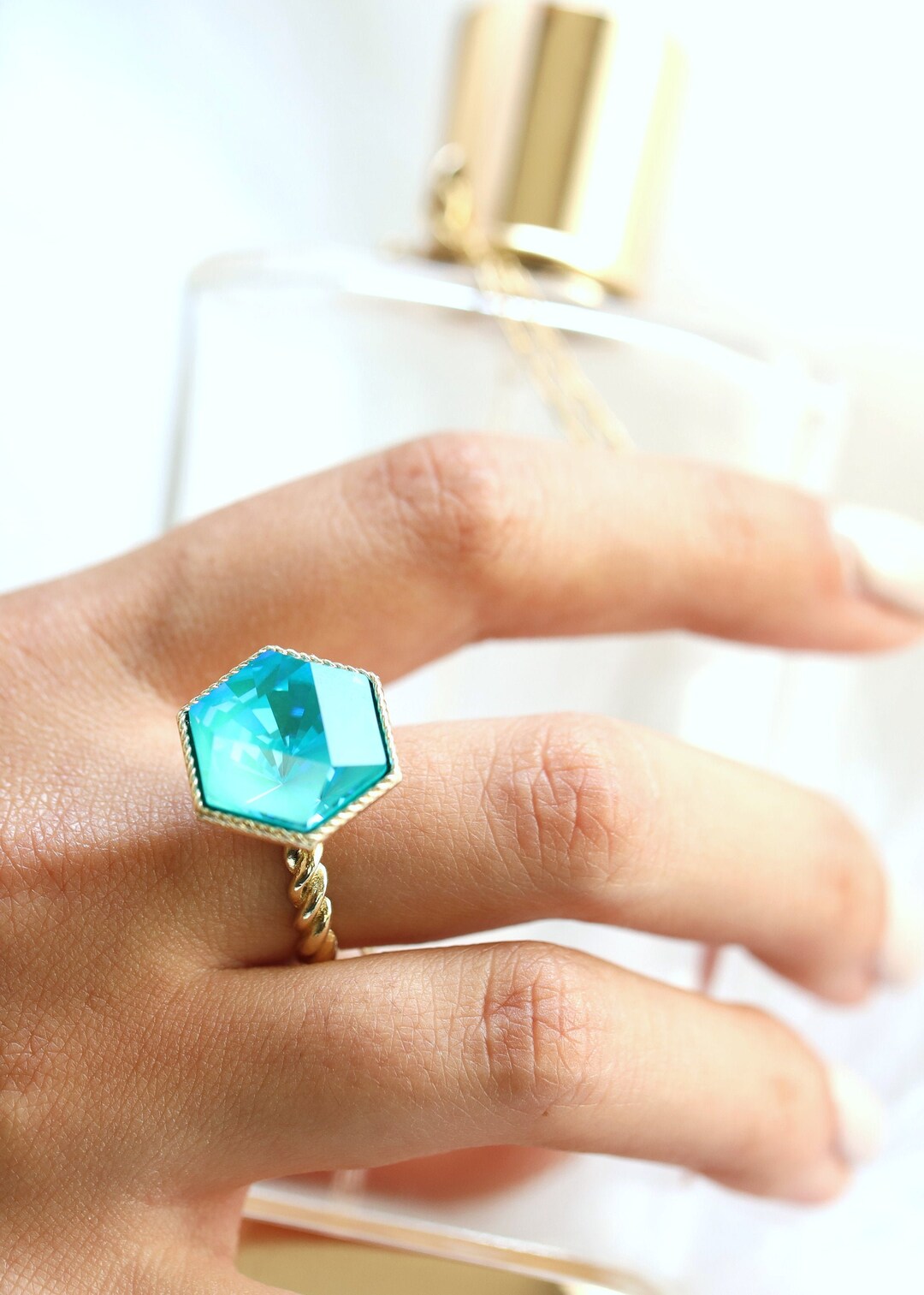 Blue Cocktail Ring, Turquoise Crystal Statement Ring, Crystal Cocktail ...