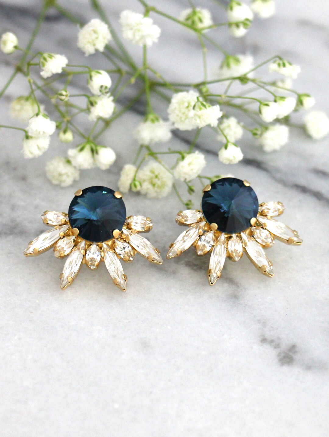 Blue Navy Earrings, Bridal Earrings, Navy Blue Crystal Stud Earrings ...
