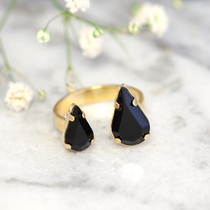 Black Cocktail Ring, Black Gold Crystal Adjustable Ring, Crystal ...