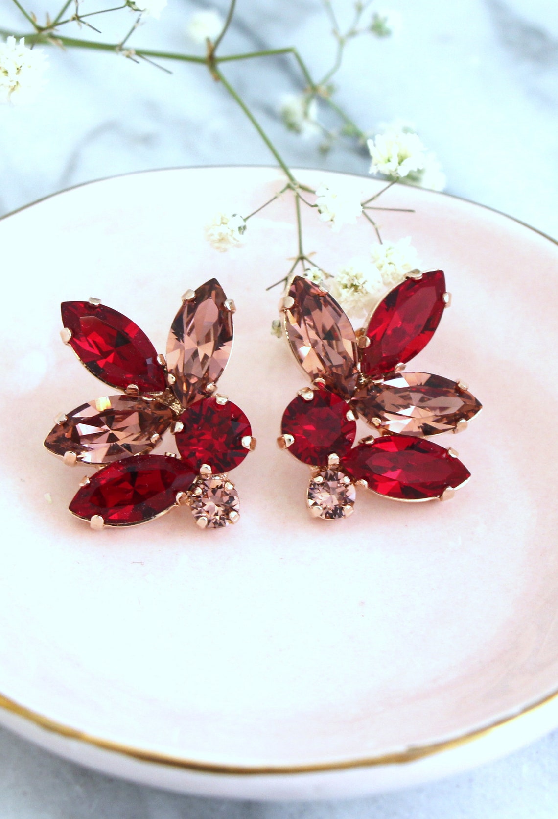 Ruby Red cluster Earrings Red Pink Crystal Earrings Bridal | Etsy