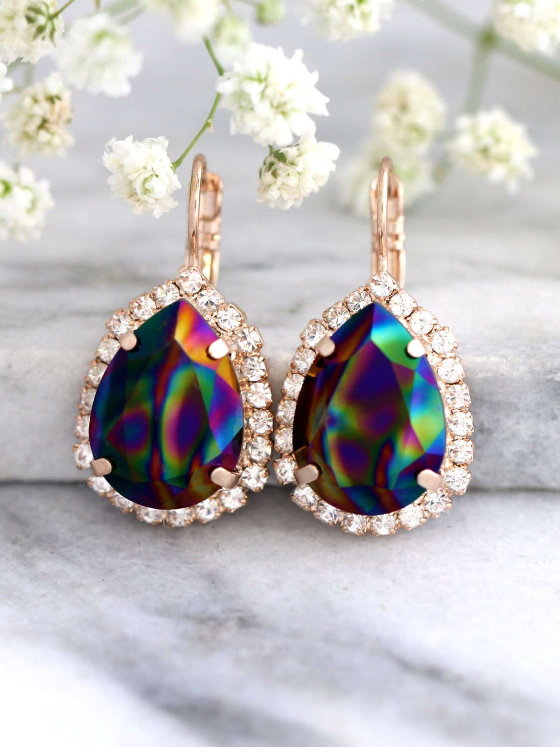 Rainbow Drop Earrings, Peacock Earrings, Bridal Black Earrings, Black ...