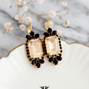 Black Gold Crystal Earrings, Gold Black Bridal Earrings, Black Gold ...