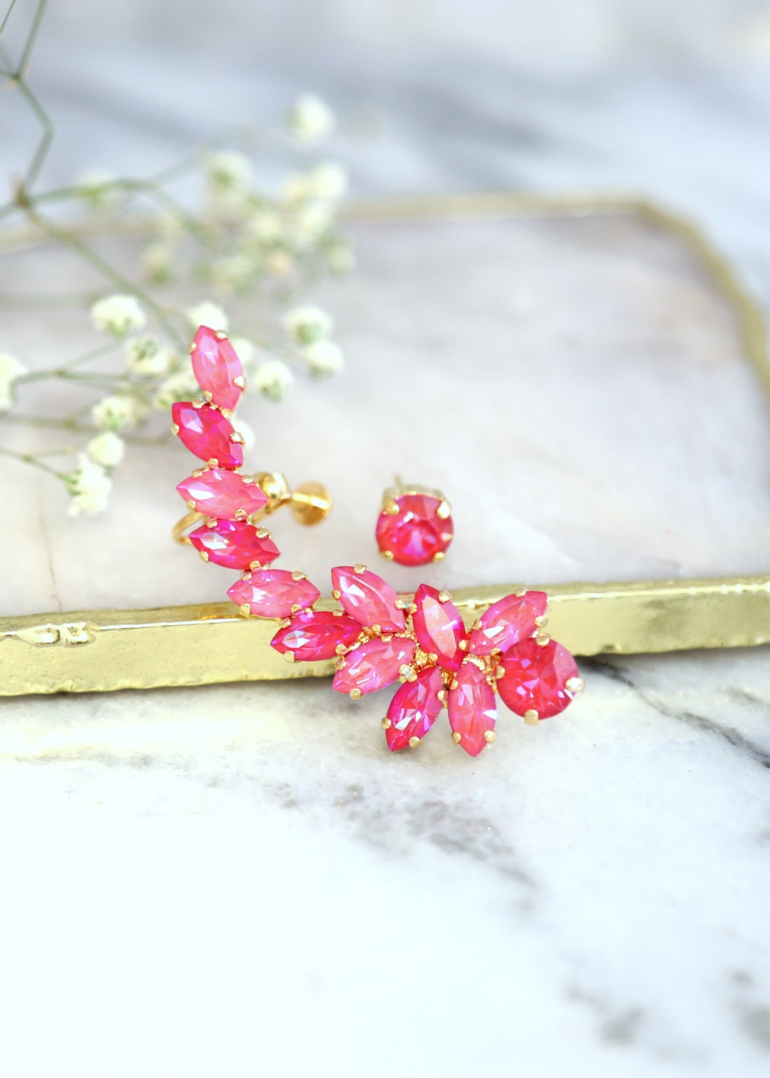 Ear Climber Earrings, Pink Ear Cuff Earrings, Red Pink Crystal Earrings ...