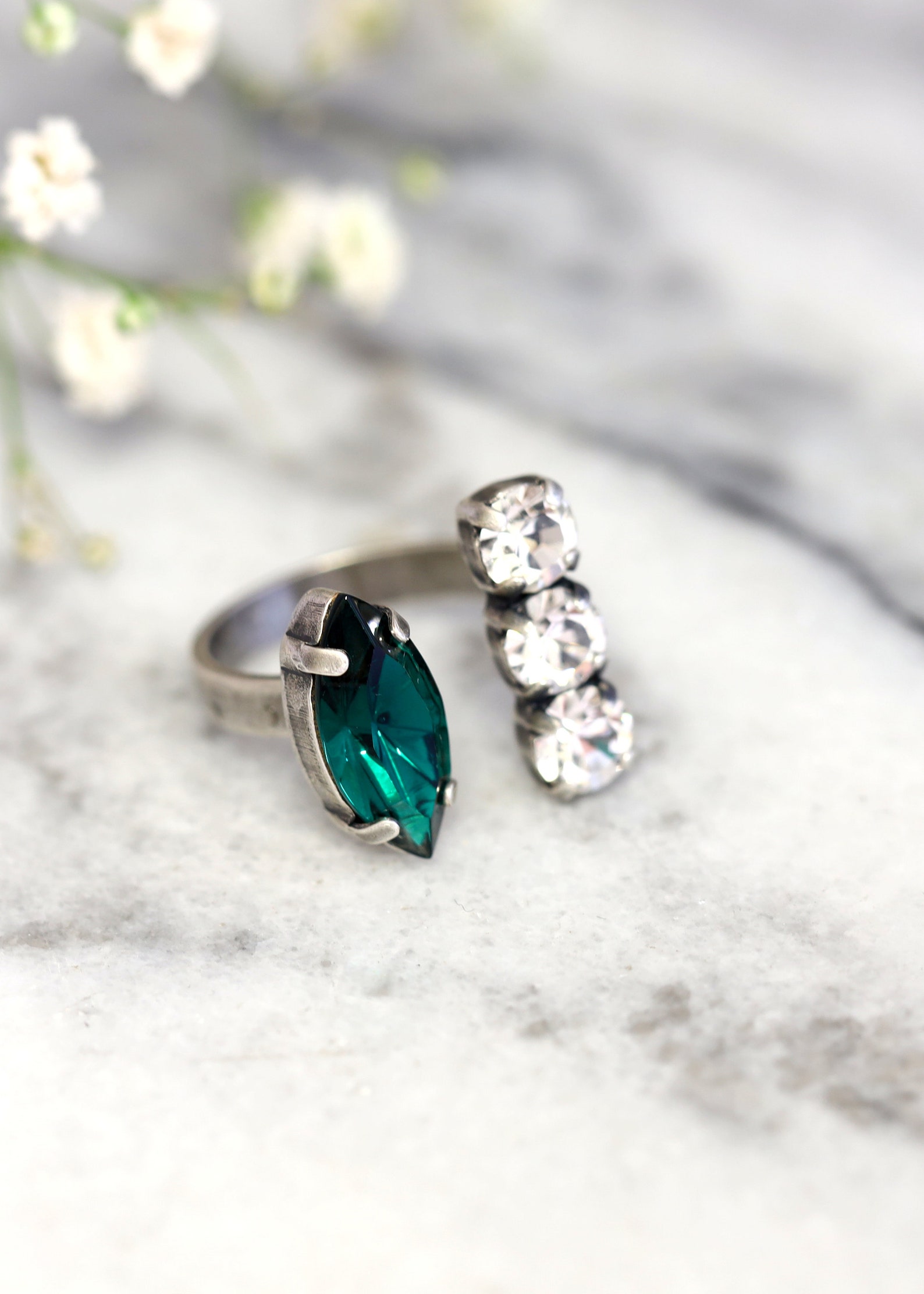 Emerald Crystal Ring, Emerald Cocktail Ring, Green Emerald Open Crystal ...