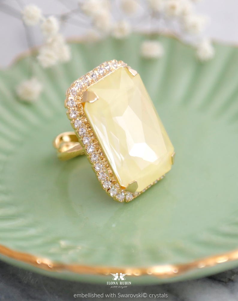 Yellow Cocktail Crystal Ring, Light Soft Yellow Statement Crystal Ring ...
