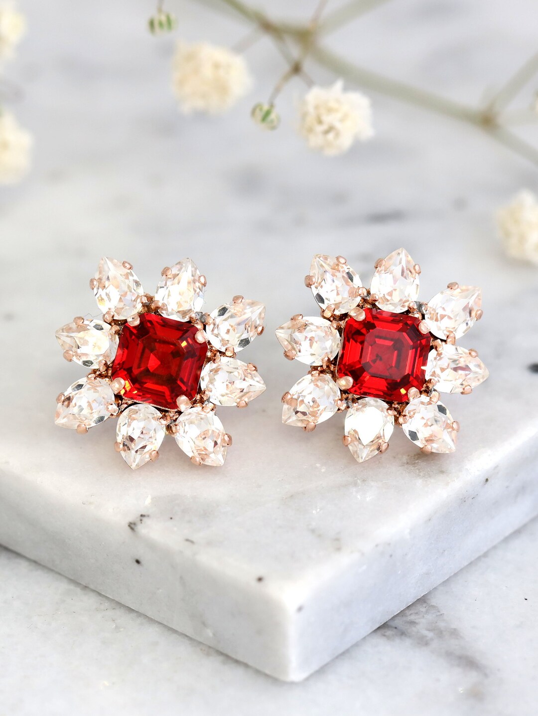 Red Ruby Earrings, Bridal Red Cluster Crystal Earrings, Bridal CLASSIC ...