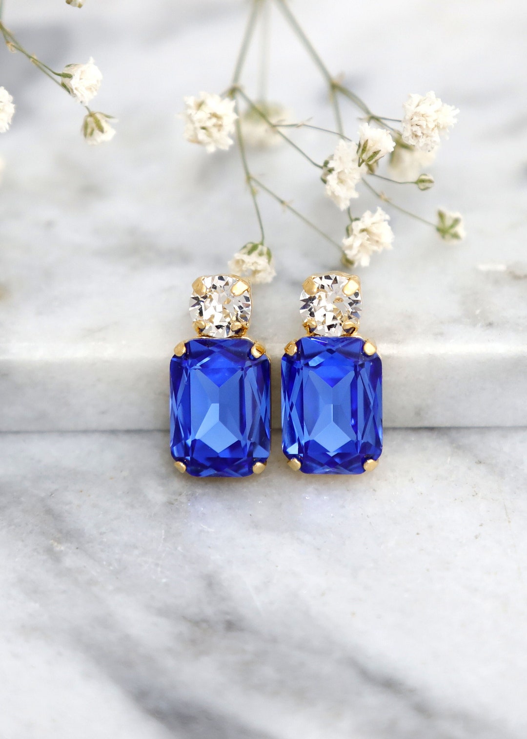 Royal Blue Earrings, Sapphire Blue Crystal Stud Earrings, Blue Emerald ...