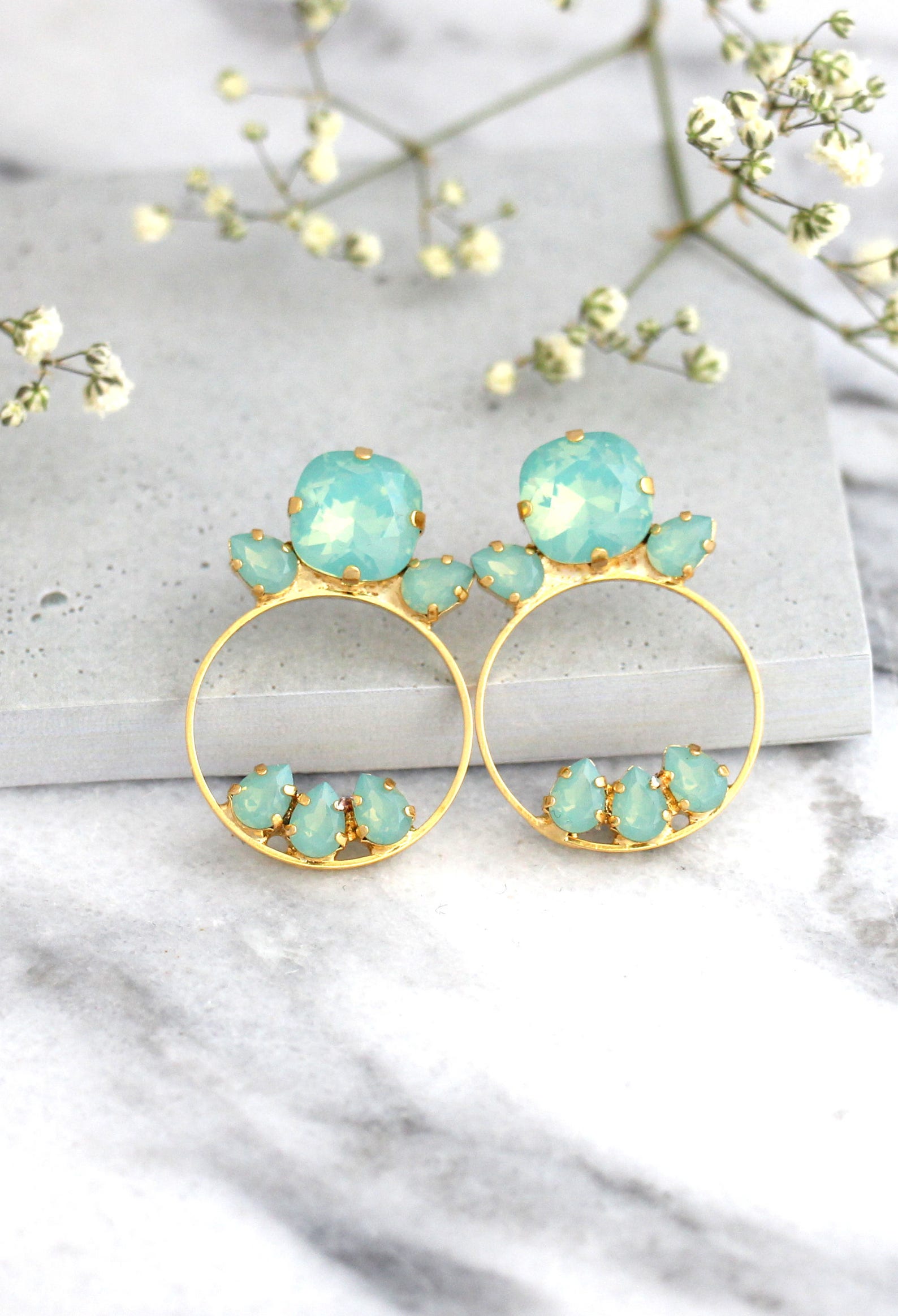 Mint Earrings Hoop Earrings Bridal Mint Opal Crystal - Etsy