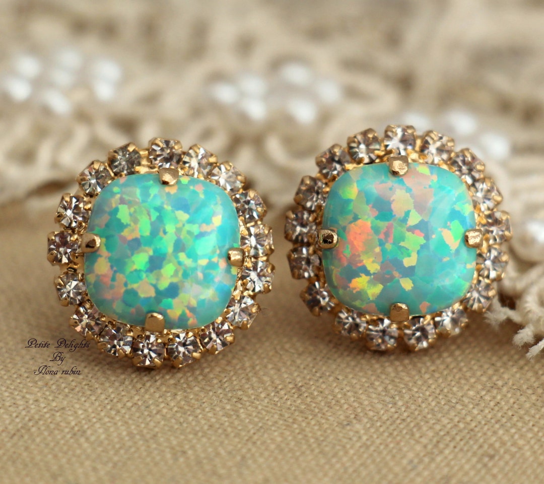Opal Stud Earrings, Mint Opal Crysal Earrings, Mint Opal Earrings, Gold ...