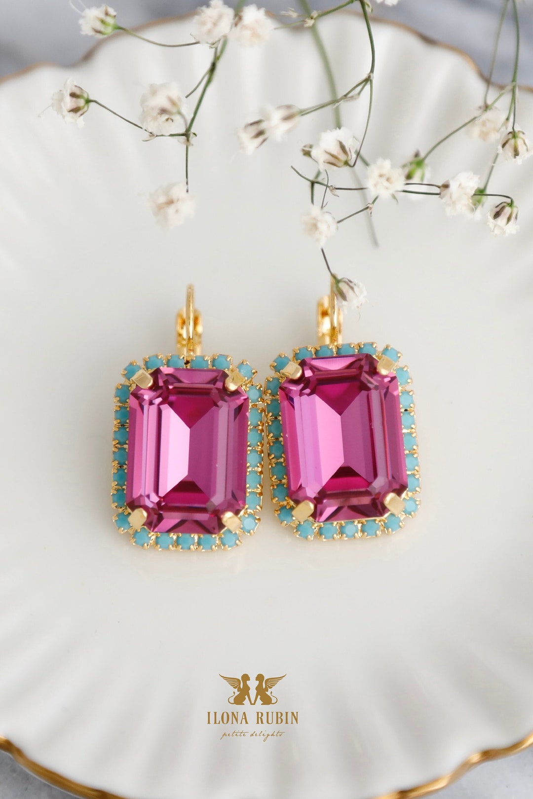 Dark Pink Drop Earrings, Hot Pink Crystal Drop Earrings, Pink Blue ...