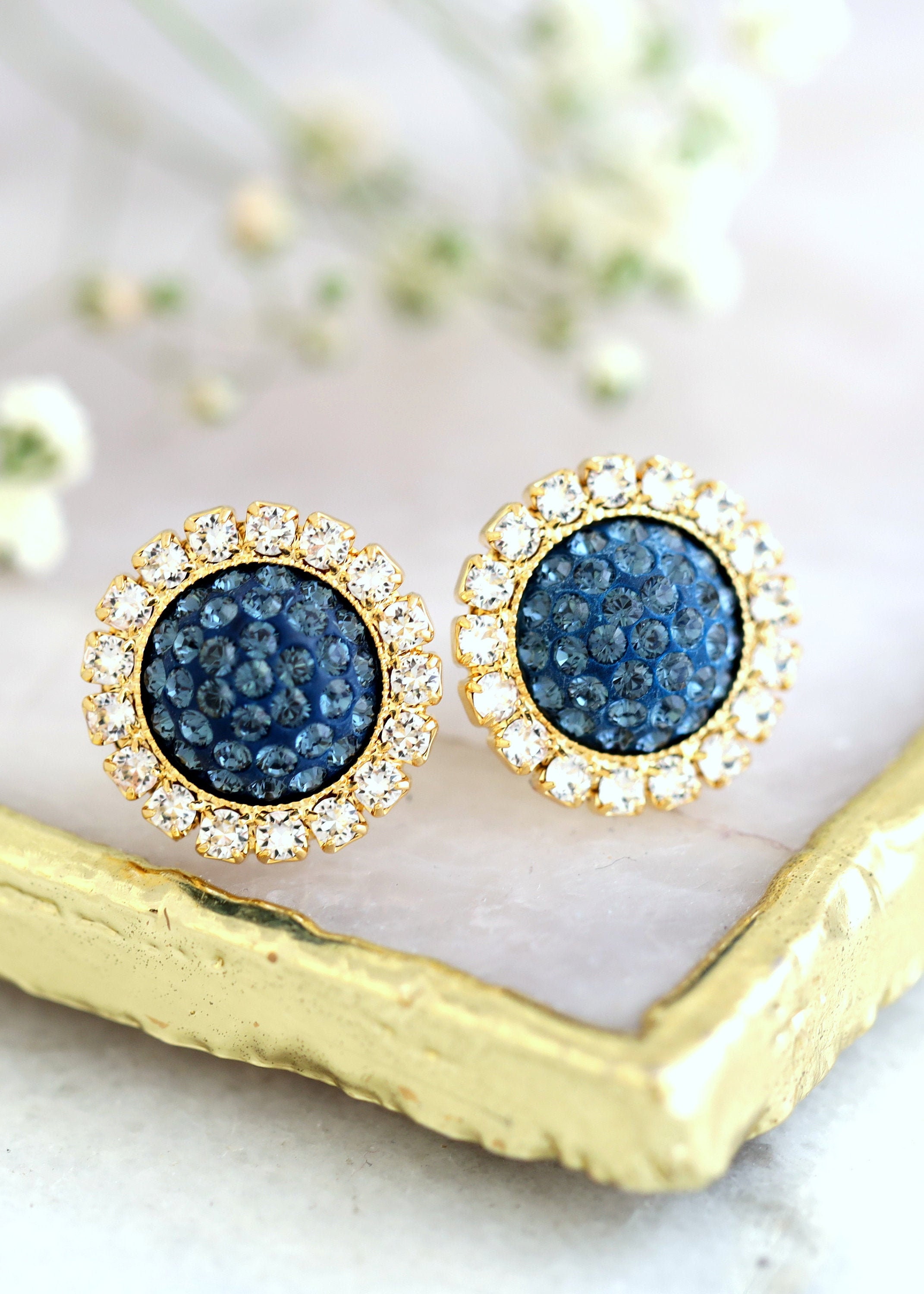 Blue Navy Stud Earrings Bridal Blue Navy Crystal Dark Blue | Etsy