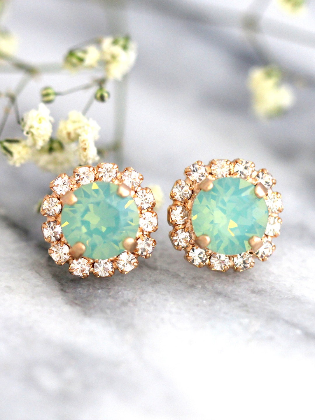 Mint Earrings, Mint Opal Earrings, Christmas Gifts, Green Crystal Studs ...