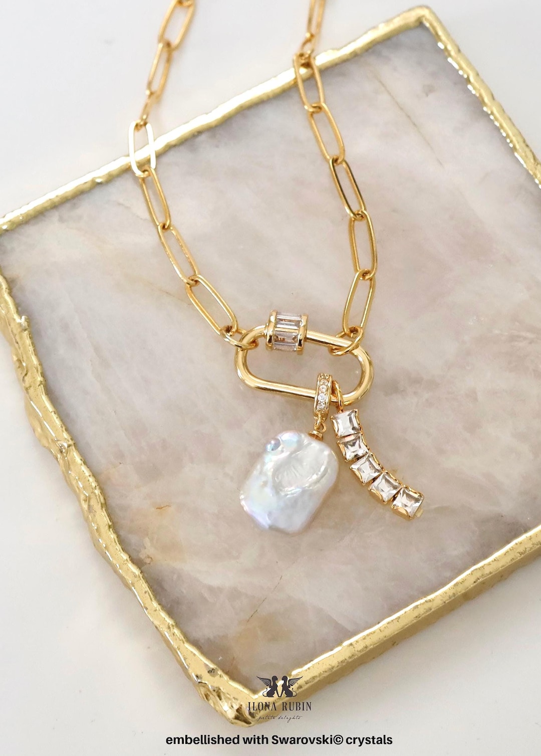 Pearl Carabiner Charm Paperclip Chain Necklace, White Pearl Crystal ...