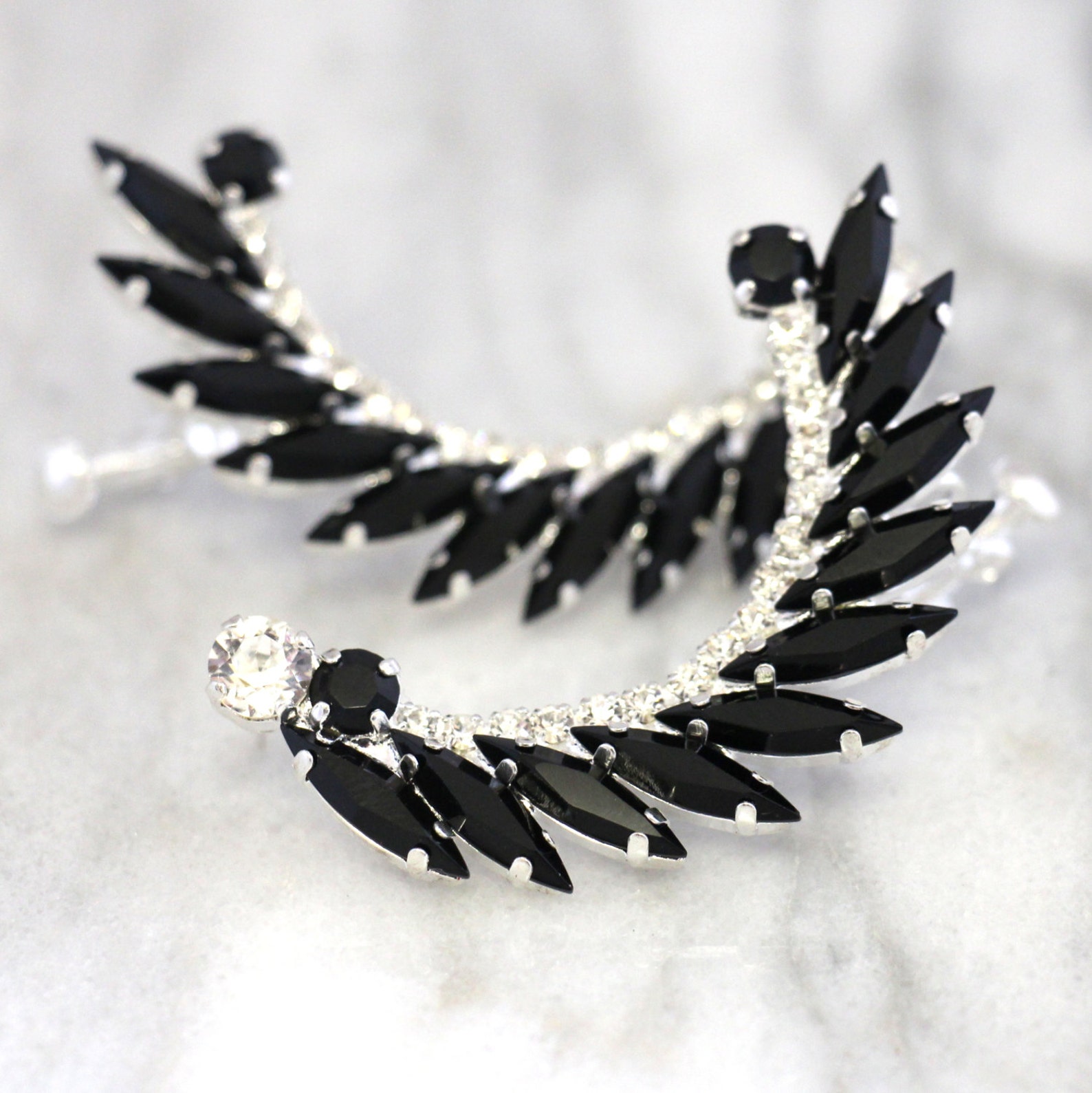 Black Ear Cuff Earrings, Black Climbing Austrian Crystal Earrings ...
