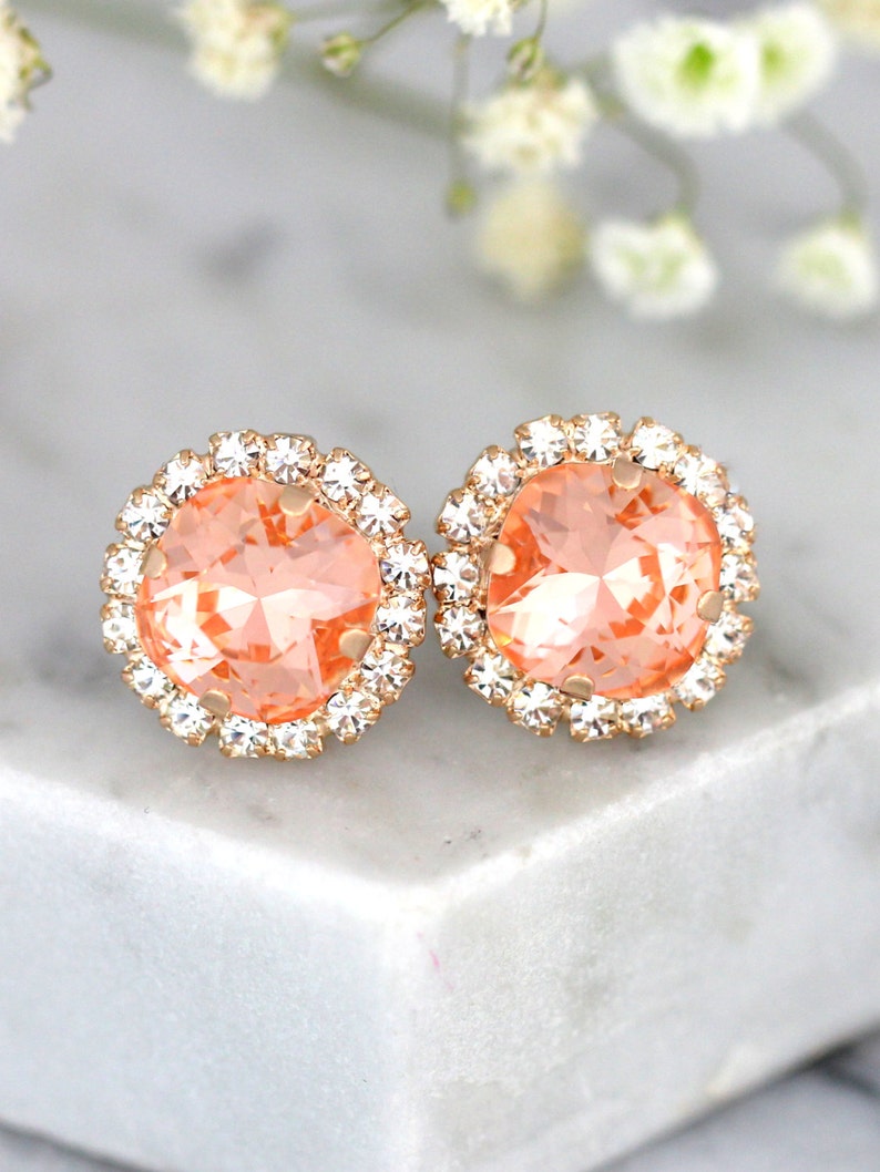 Peach Earring, Peach Studs, Bridal Crystal Peach Earrings, Crystal ...