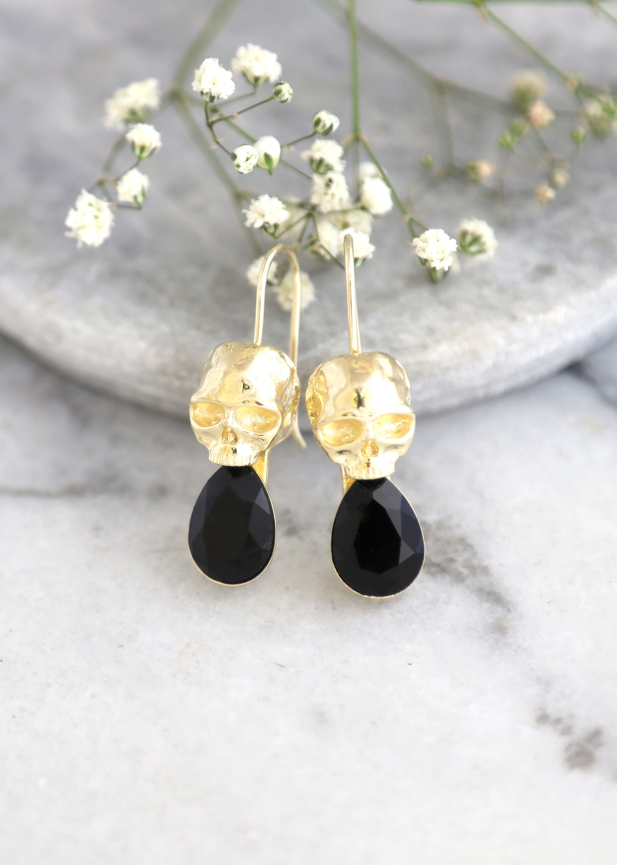 Skull Earrings Gold Black Skull Drop Earrings Sugar Skull | Etsy