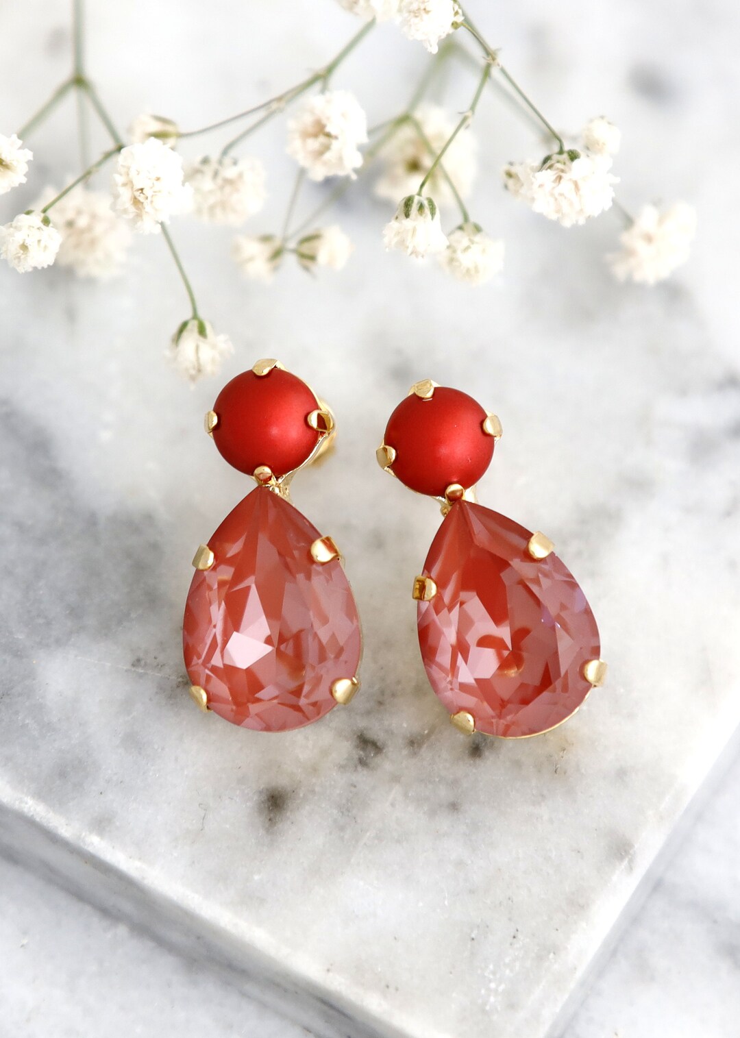 Red Crystal Stud Earrings, Bridal Terracotta Earrings, Bridesmaids ...