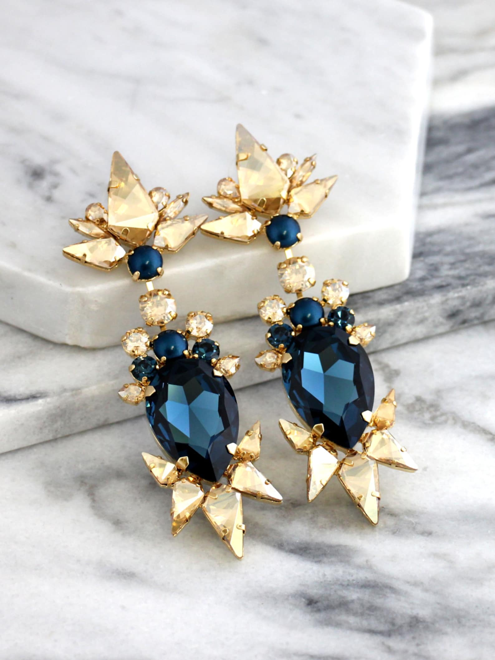 Blue Chandelier Earrings Bridal Blue Navy Earrings Statement | Etsy