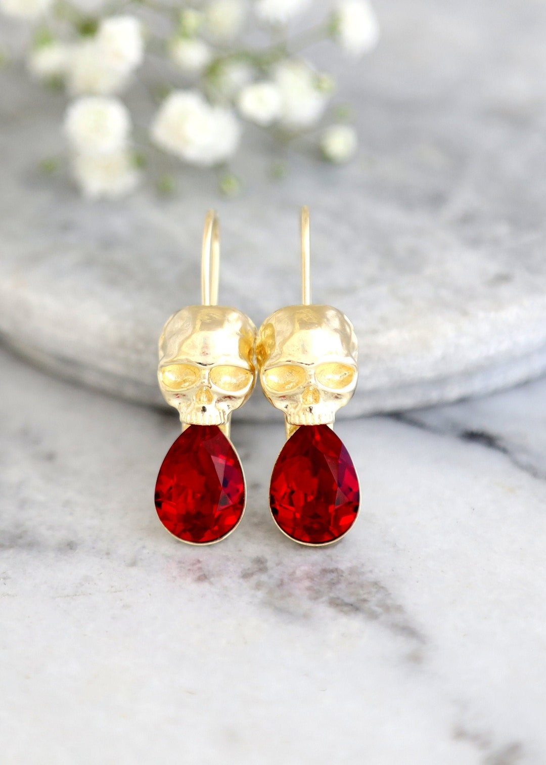 Skull Gold Earrings, Ruby Red Drop Earrings, Sugar Skull Gold Earrings ...