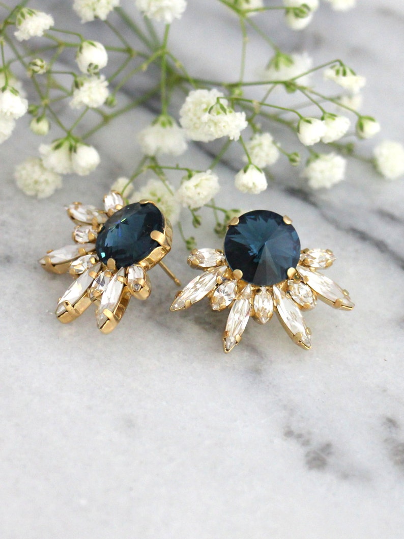 Blue Navy Earrings Bridal Earrings Navy Blue Crystal Stud | Etsy