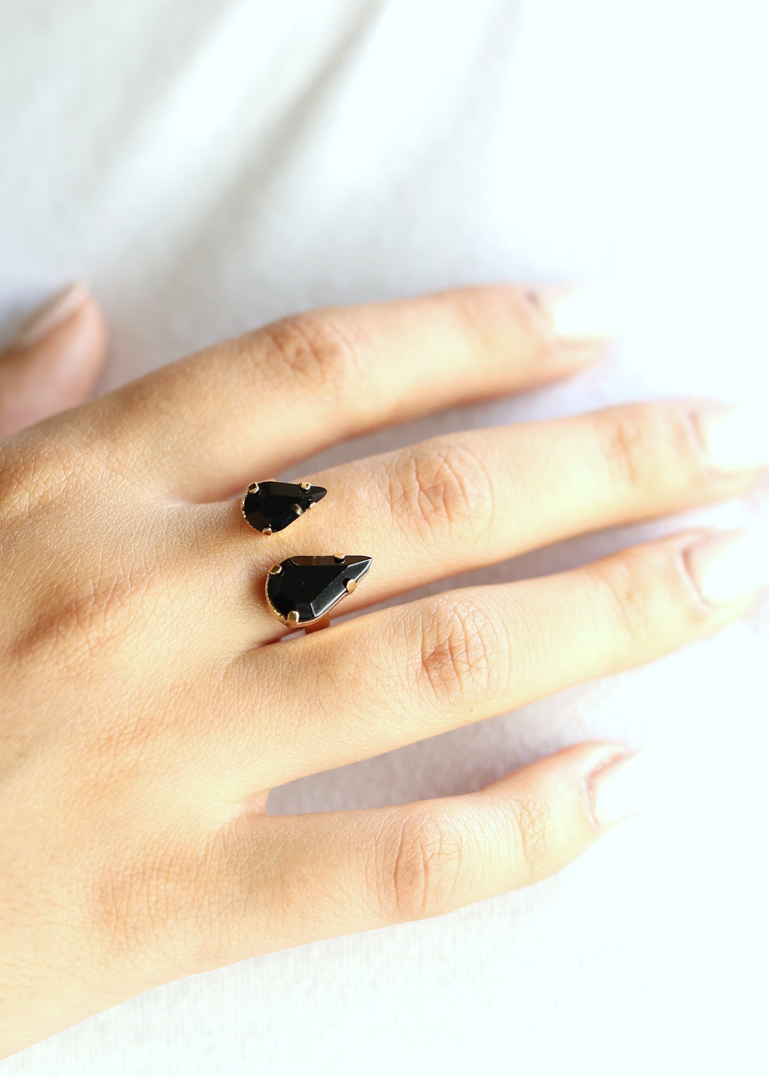 Black Cocktail Ring, Black Gold Crystal Adjustable Ring, Crystal ...