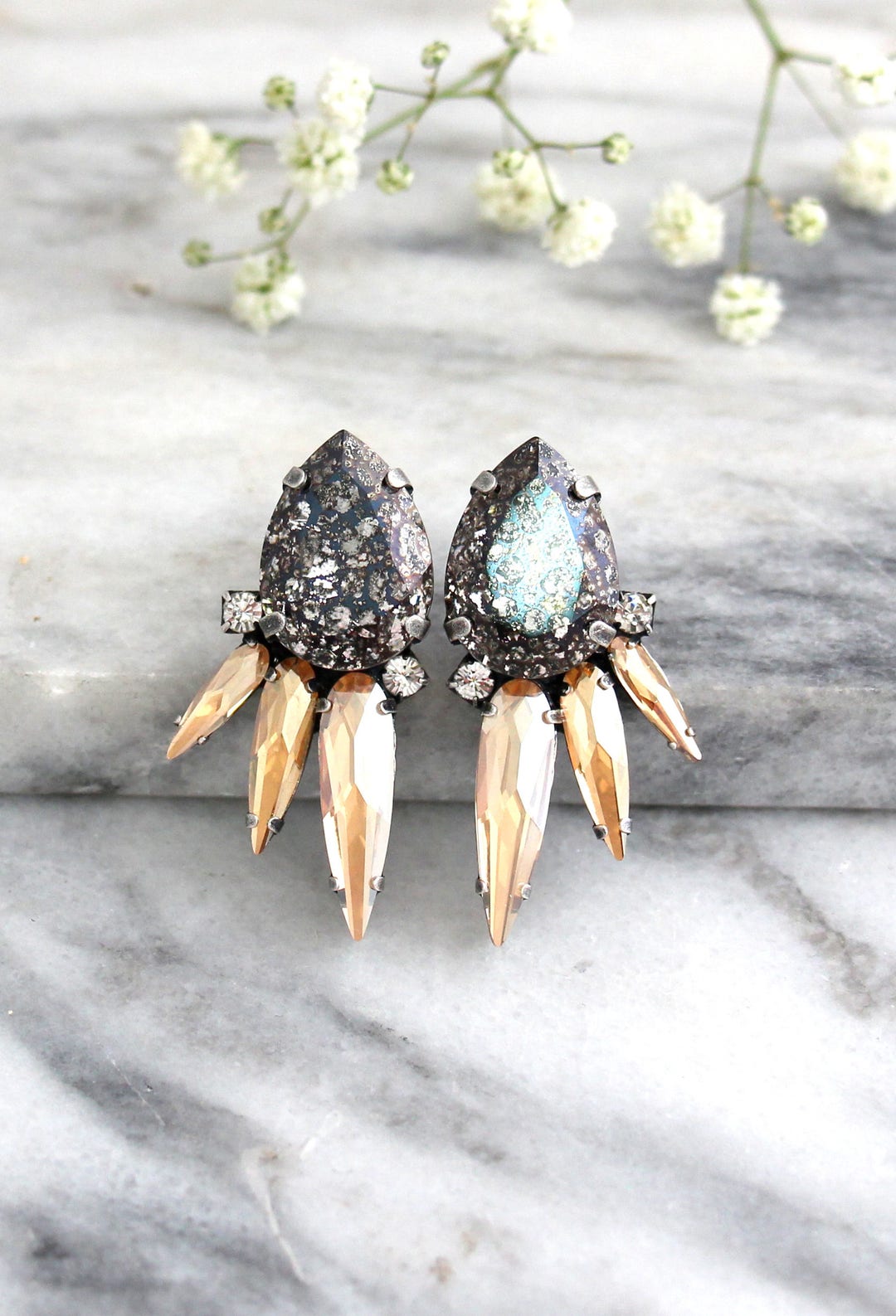 Gray Earrings, Gray Champagne Earrings, Dark Gray Statement Crystal ...