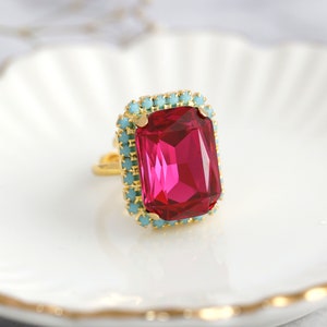 Fuchsia Pink Cocktail Ring, Hot Pink Crystal Ring, Statement Gold ...