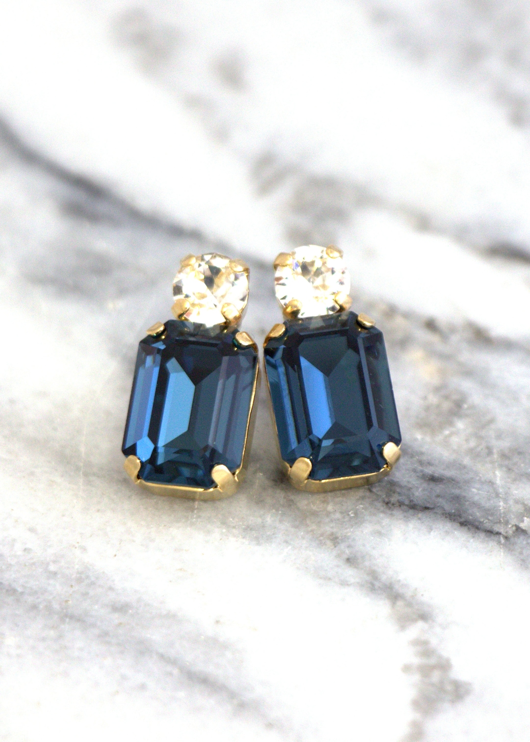 Blue Navy Earrings, Bridal Blue Crystal Emerald Cut Earrings ...