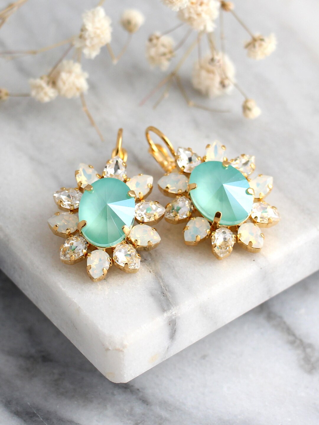 Mint Earrings, Mint Drop Earrings, Bridal Mint Opal Earrings, Seaglass ...