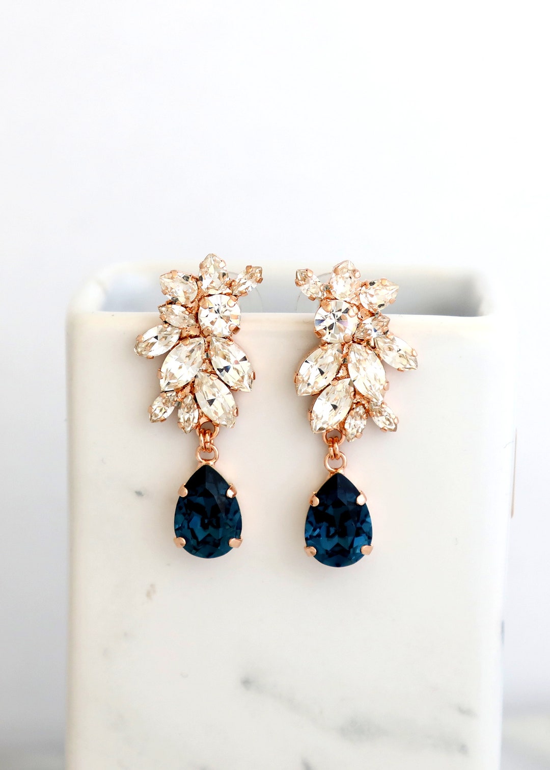 Blue Navy Bridal Earrings, Navy Blue Crystal Bridal Earrings, Dark Blue ...
