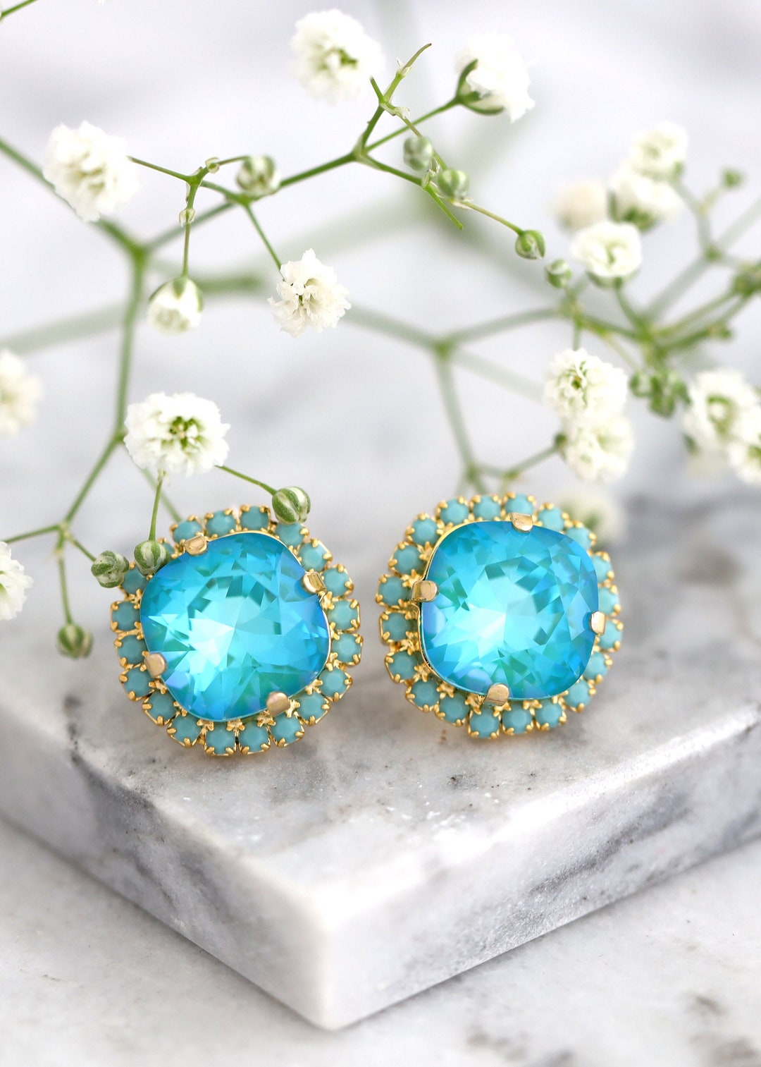 Turquoise Stud Earrings, Blue Crystal Stud Earrings, Bridesmaids ...