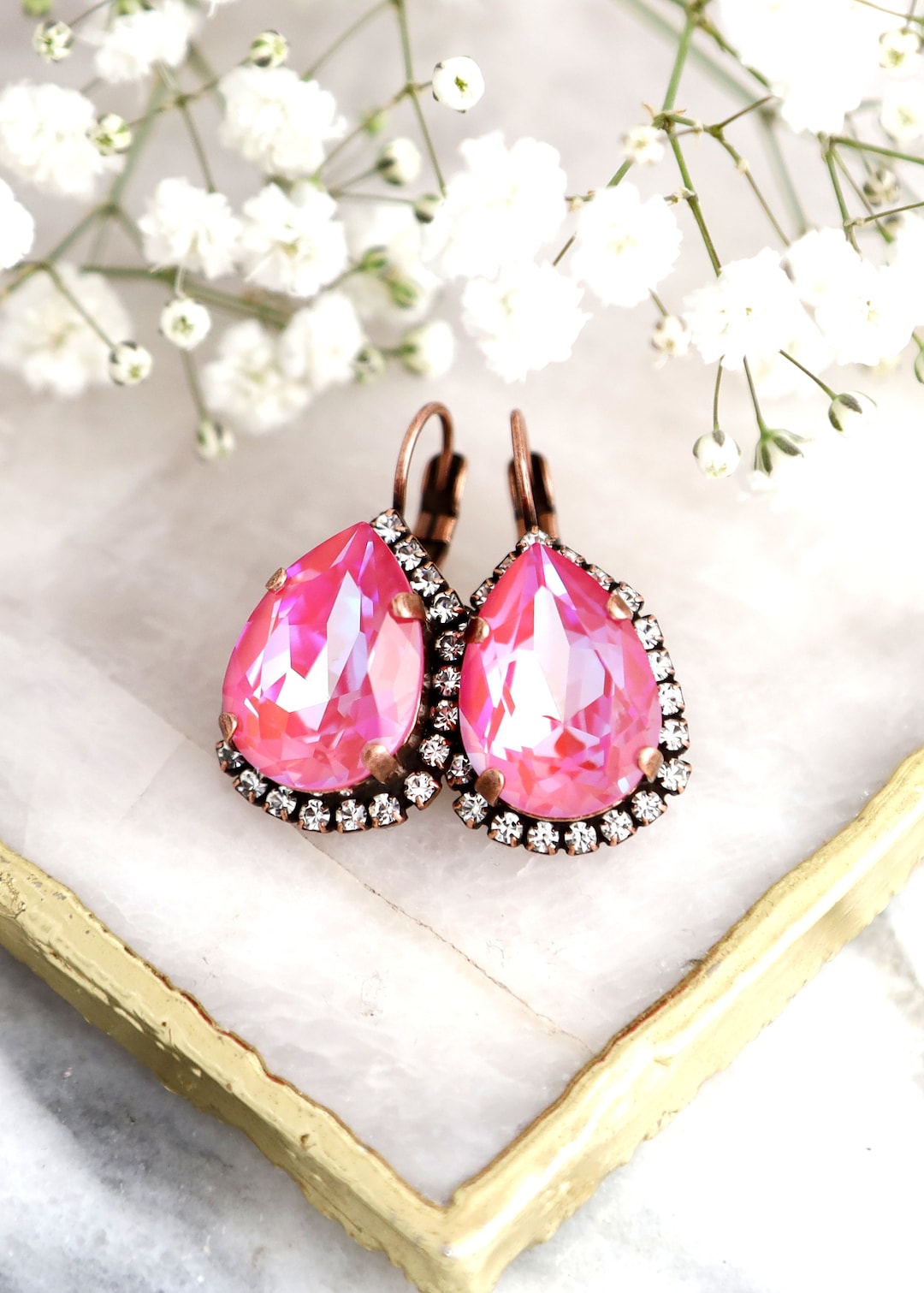 Pink Drop Crystal Earrings, Ultra Pink Drop Earrings, Hot Pink Drop ...