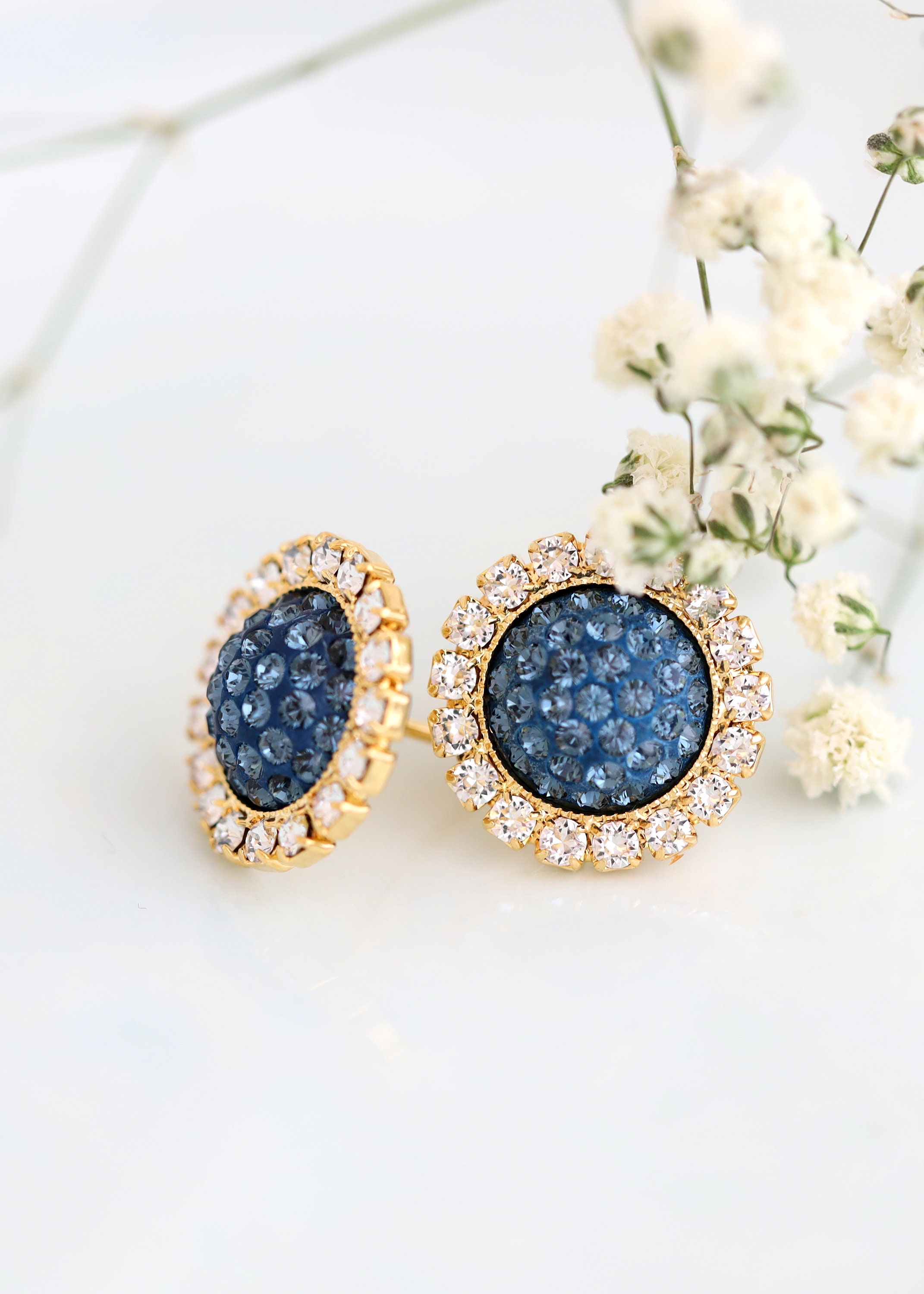 Blue Navy Stud Earrings Bridal Blue Navy Crystal Dark Blue | Etsy