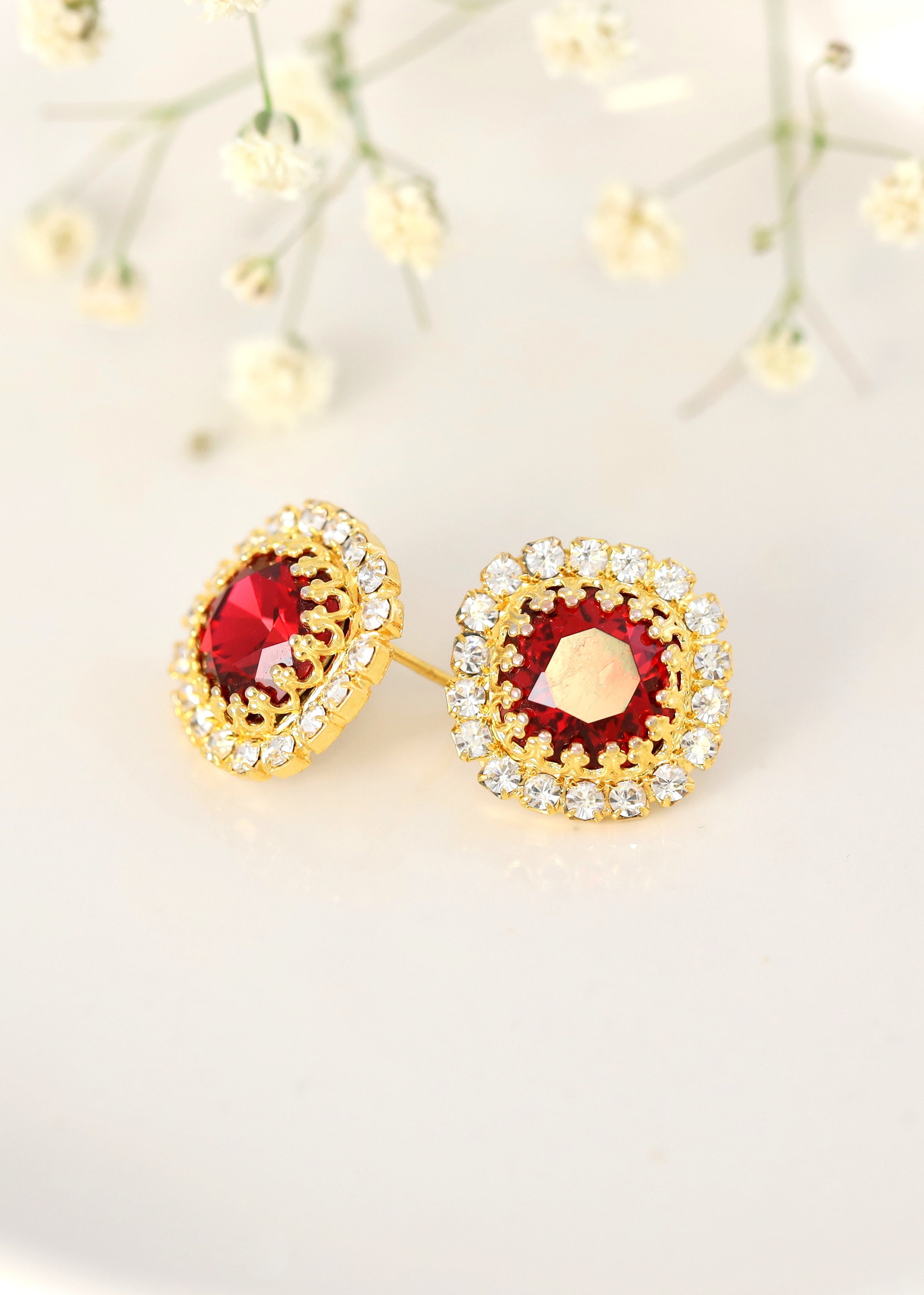 Red Gold Stud Earrings Scarlet Red Crystal Stud Earrings | Etsy