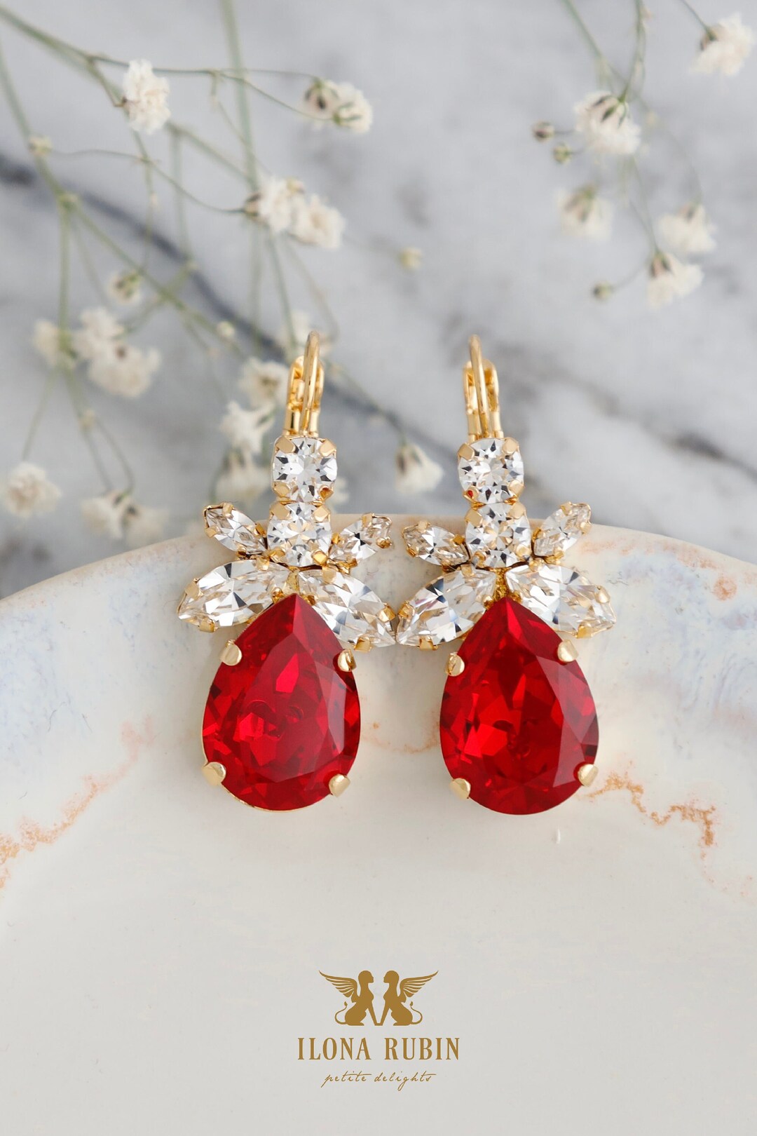 Red Crystal Drop Earrings, Bridal Ruby Red Crystal Earrings, Deep Red ...