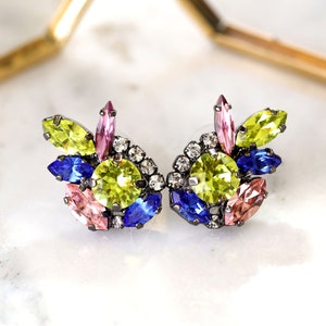 Multi Color Cluster Earrings, Bridal Blue Green Bridal Earrings, Green Pink Climbing Earrings ...