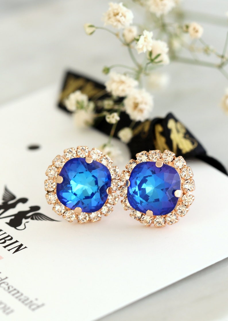 Blue Stud Earrings Blue Royal Crystal Earrings Bridal | Etsy