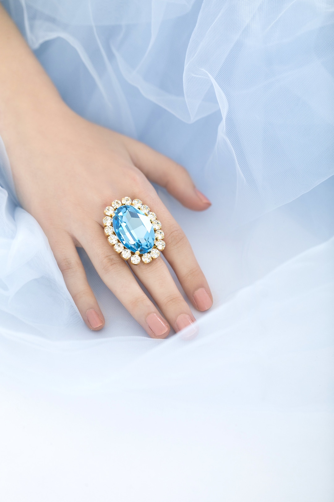 Cocktail Ring, Aquamarine Cocktail Crystal Ring, Statement Blue Crystal ...