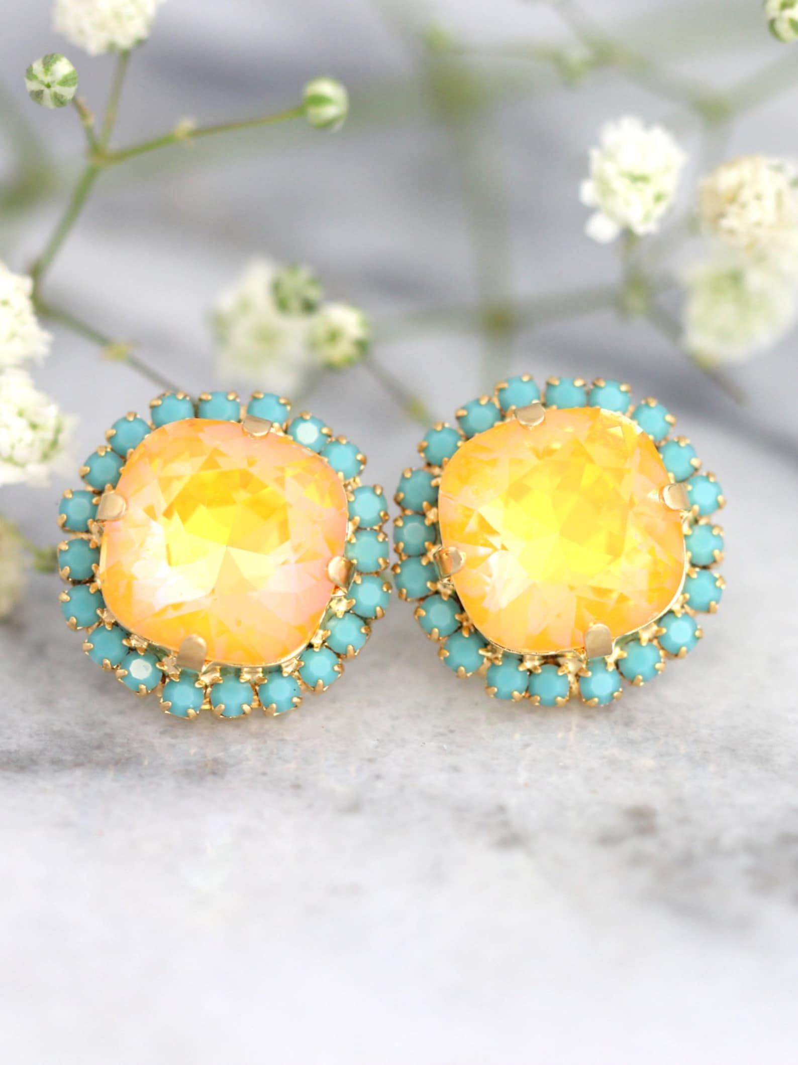 Yellow Stud Earrings, Canary Yellow Crystal Earrings, Yellow Neon ...