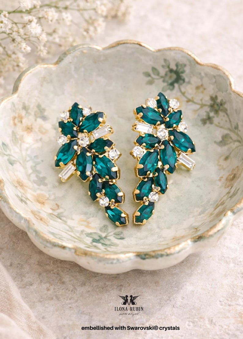 Emerald Green Crystal Earrings, Dark Green Cluster Stud Earrings ...