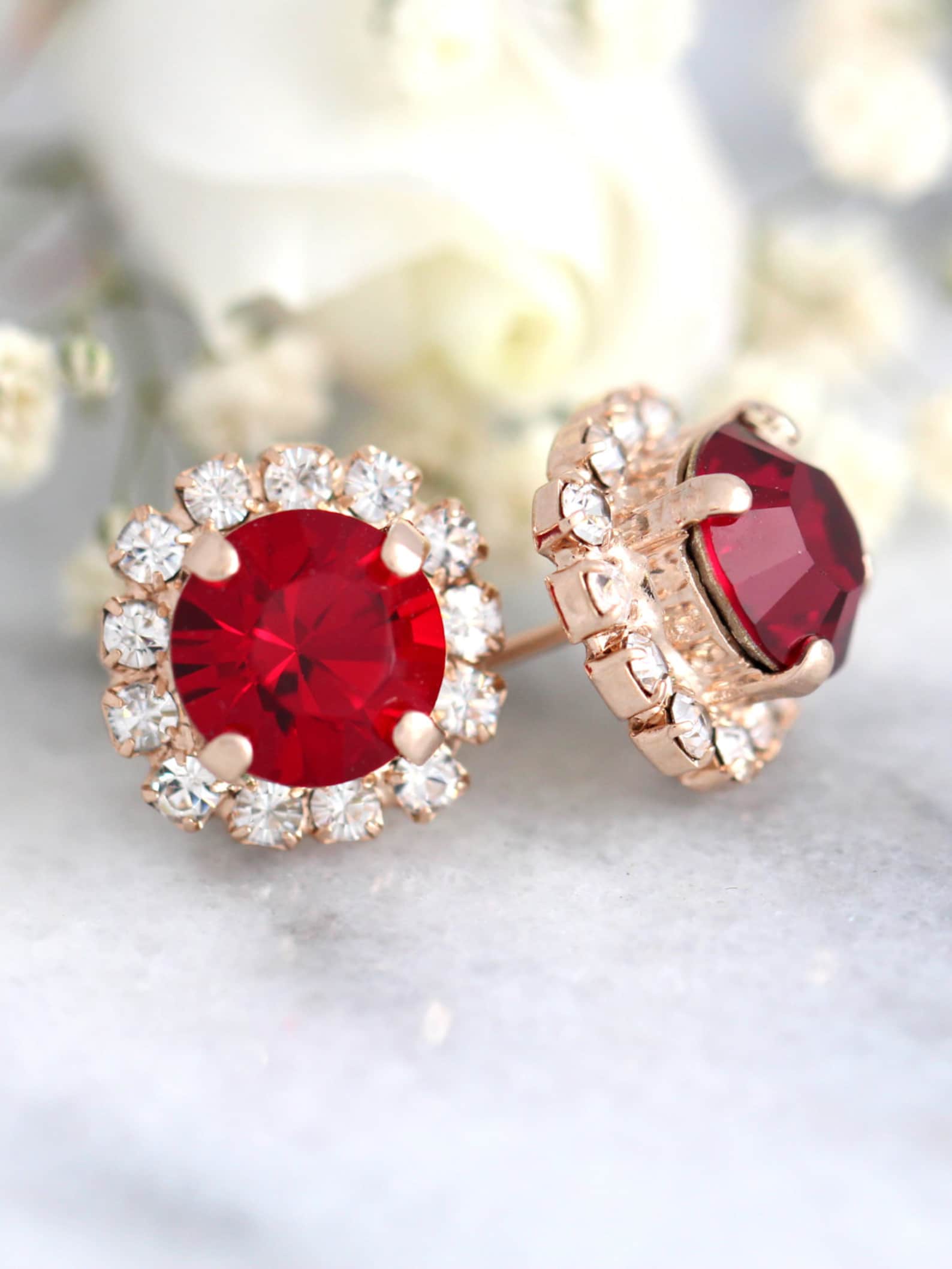 Red Stud Earrings, Red Ruby Studs, Ruby Red Crystal Earrings ...