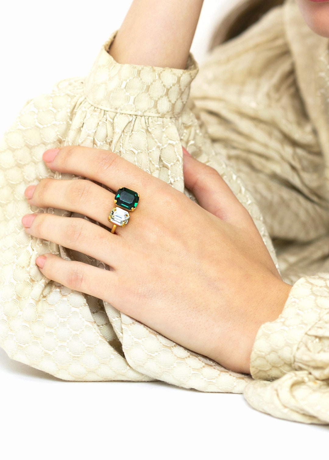 Emerald Green Crystal Ring, Emerald Moi Toi Crystal Ring, Dual Crystal ...