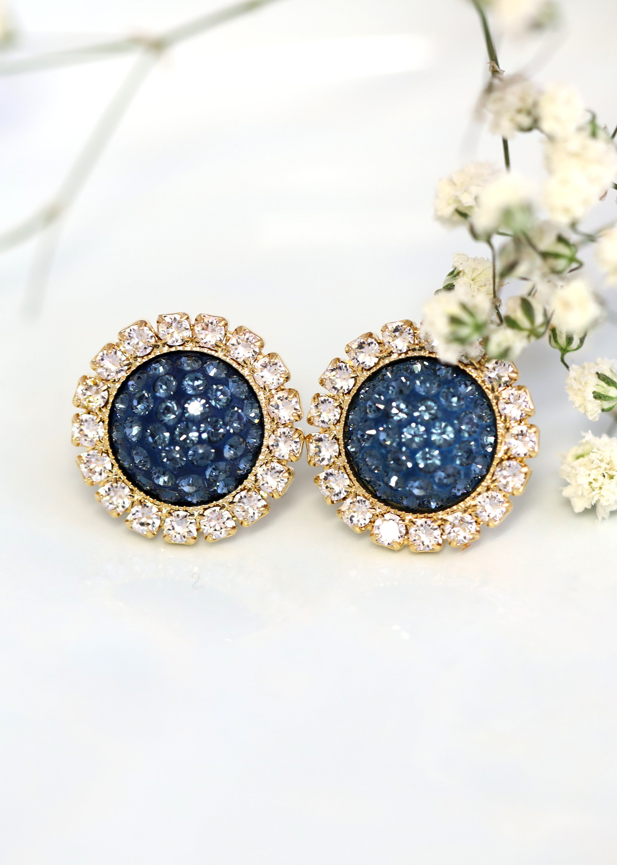 Blue Navy Stud Earrings Bridal Blue Navy Crystal Dark Blue | Etsy