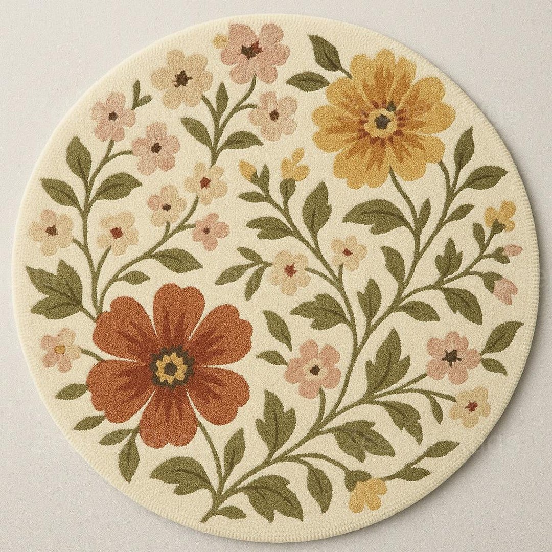 Vintage Floral Round Area Rug, Cottagecore Cream Accent Mat, Boho ...