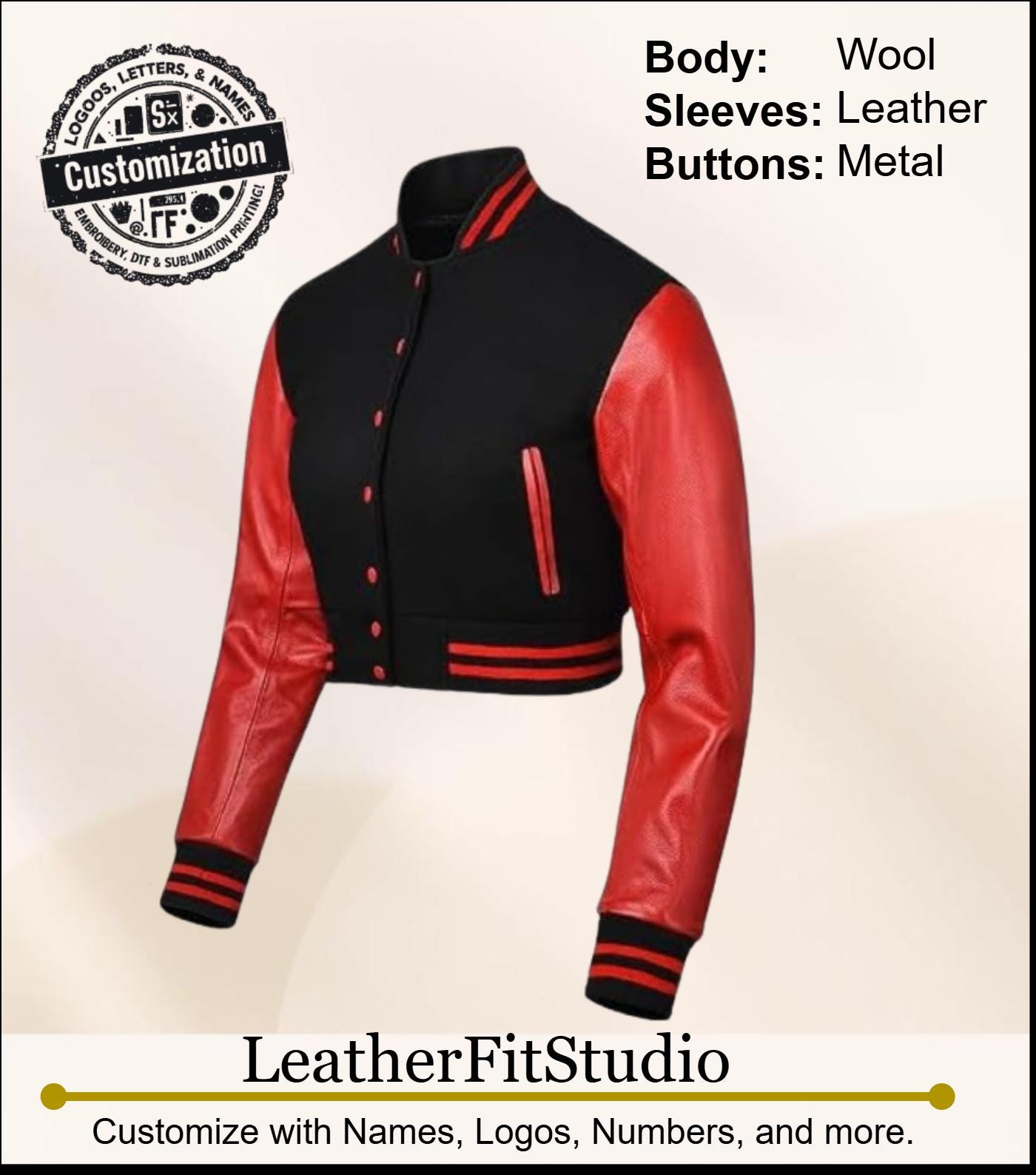 Cropped Black Wool Varsity Jacket: Red Cowhide Leather Sleeves - Etsy